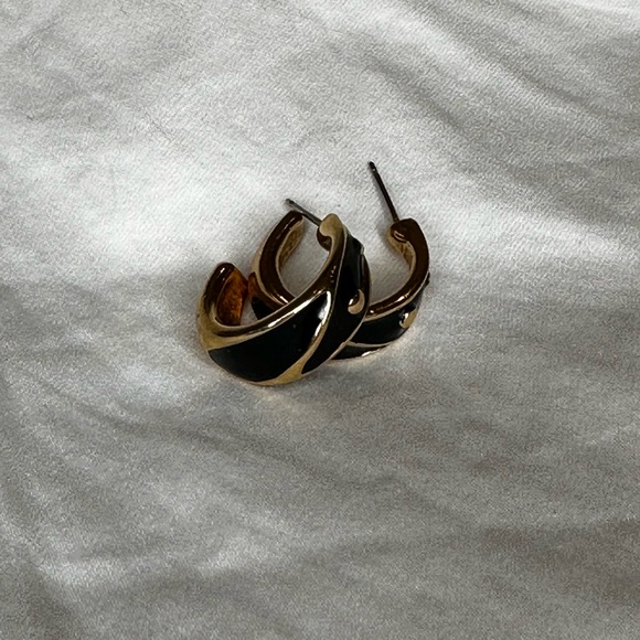 Monet | Jewelry | Vintage Monet Gold Tone Black Enamal Small Hoops | Poshmark